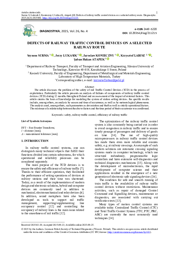 (PDF) DEFECTS OF RAILWAY TRAFFIC CONTROL DEVICES ON A SELECTED RAILWAY ...