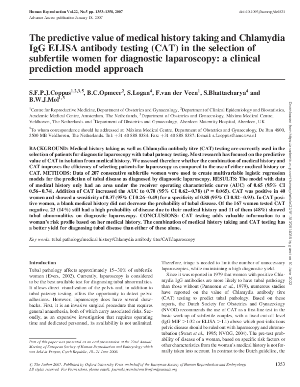 (PDF) The predictive value of medical history taking and Chlamydia IgG ...