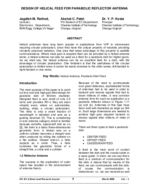 (PDF) DESIGN OF HELICAL FEED FOR PARABOLIC REFLECTOR ANTENNA