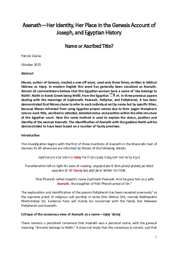 (PDF) Asenath-Her Identity, Her Place in the Genesis Account of Joseph ...
