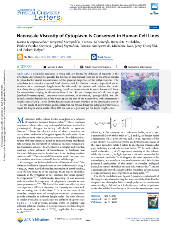 (PDF) Nanoscale Viscosity of Cytoplasm Is Conserved in Human Cell Lines