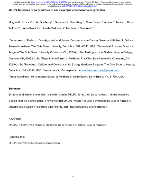 (PDF) MKLP2 functions in early mitosis to ensure proper chromosome ...