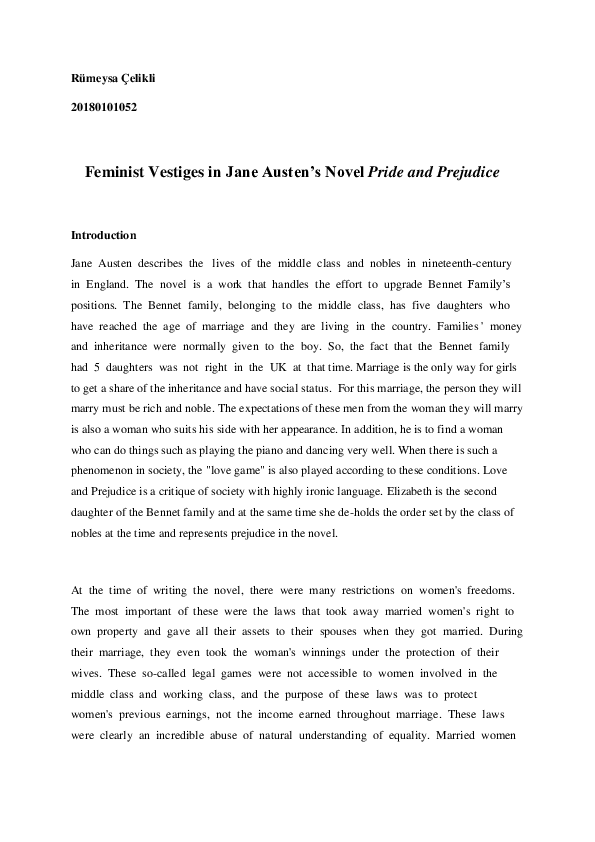 (PDF) Feminist Vestiges in Jane Austen's Novel Pride and Prejudice