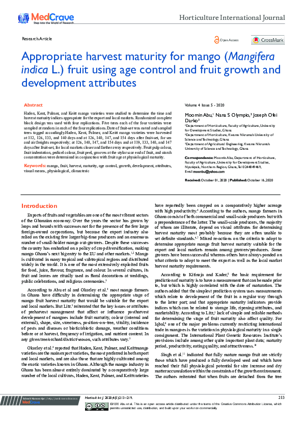 (PDF) Appropriate harvest maturity for mango (Mangifera indica L ...