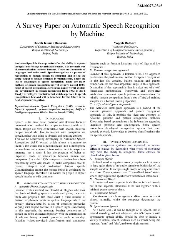 (PDF) A Survey Paper on Automatic Speech Recognition by Machine