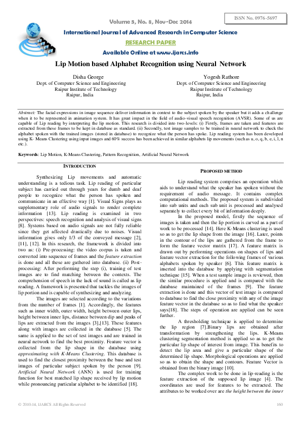 (PDF) Lip Motion based Alphabet Recognition using Neural Network