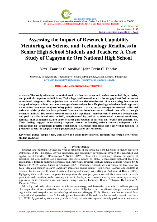 (PDF) Assessing the Impact of Research Capability Mentoring on Science ...
