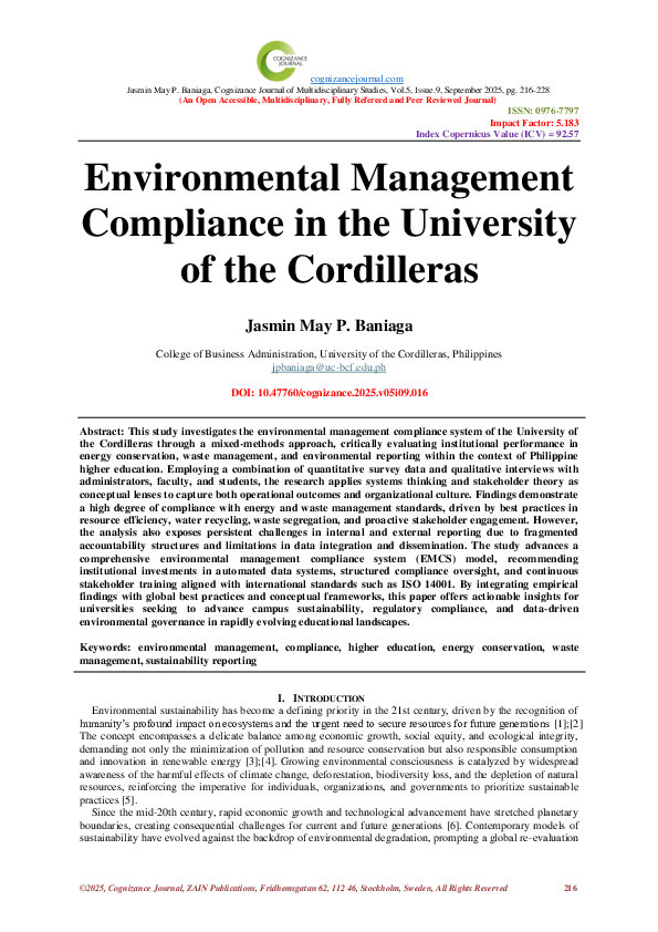 (PDF) Environmental Management Compliance in the University of the ...