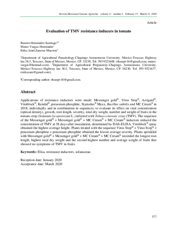 (PDF) Evaluación de inductores de resistencia al TMV en tomate