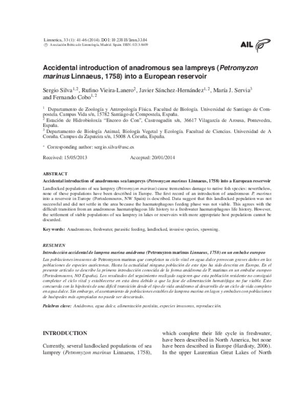 (PDF) Accidental introduction of anadromous sea lampreys (Petromyzon ...