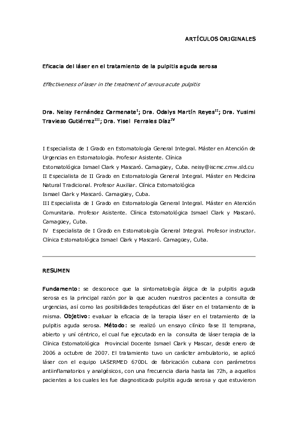 (PDF) Effectiveness of laser in the treatment of serous acute pulpitis