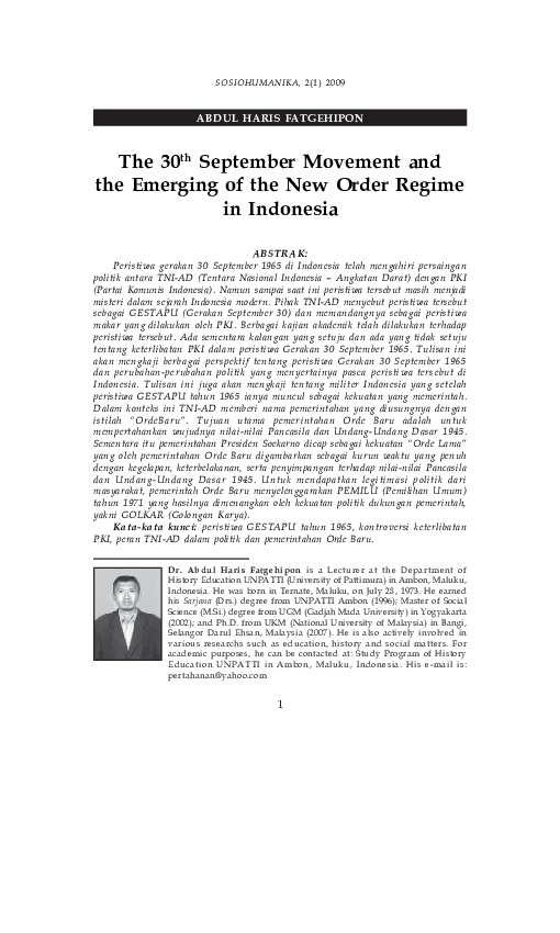 (PDF) The 30th September Movement and the Emerging of the New Order ...