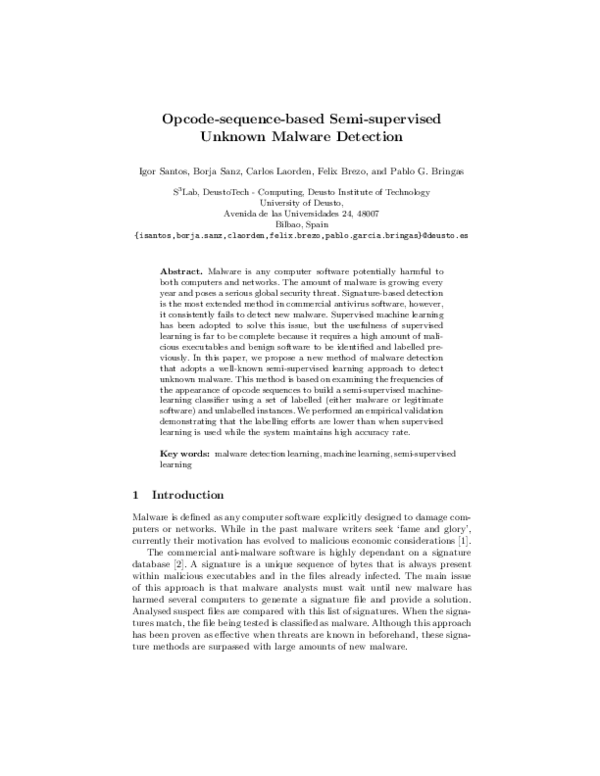 (PDF) Opcode-sequence-based semi-supervised unknown malware detection