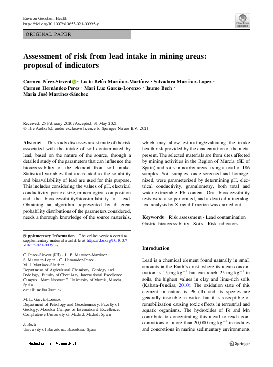 (PDF) Assessment of risk from lead intake in mining areas: proposal of ...