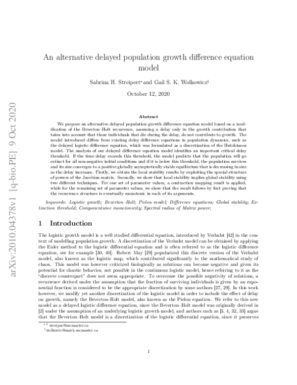 Pdf An Alternative Delayed Population Growth Difference Equation Model