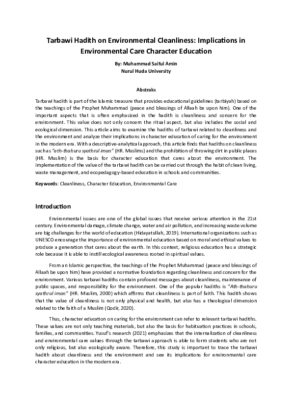 (PDF) Tarbawi Hadith on Environmental Cleanliness: Implications in ...