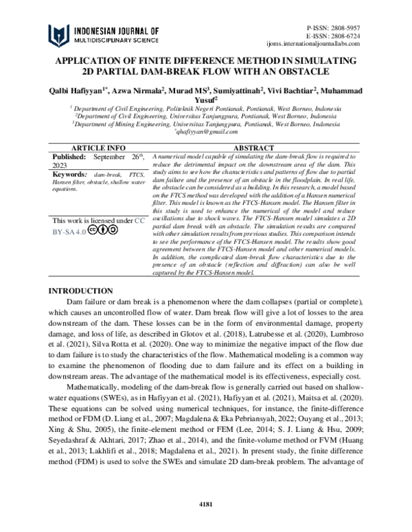 (PDF) Application of Finite Difference Method in Simulating 2D Partial Dam-break Flow with an ...
