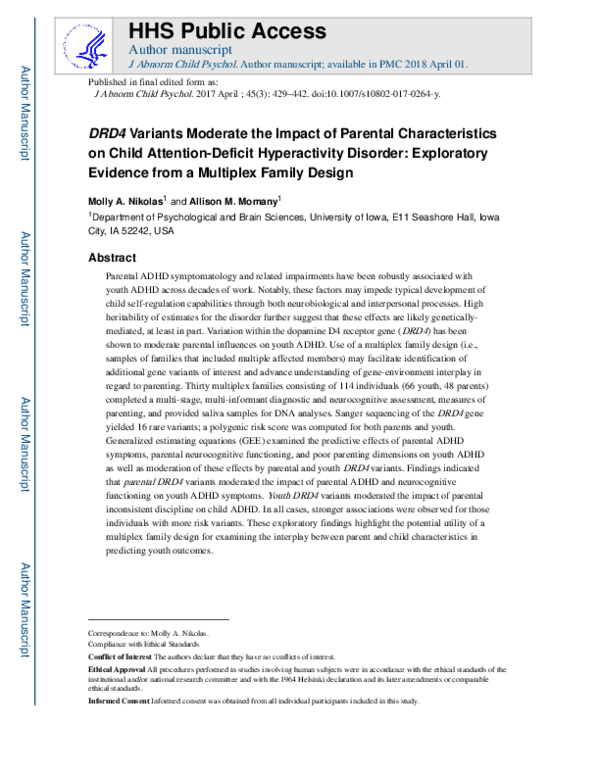 (PDF) DRD4 Variants Moderate the Impact of Parental Characteristics on ...