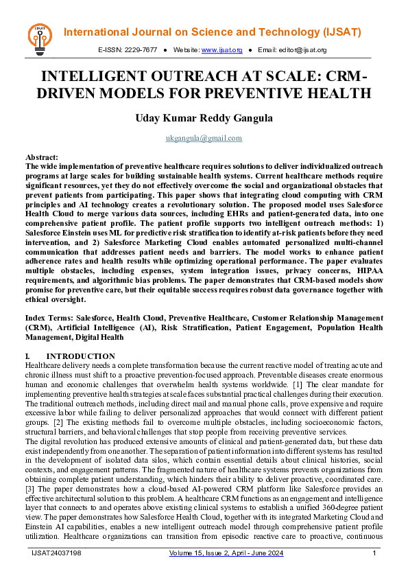 (PDF) INTELLIGENT OUTREACH AT SCALE: CRM-DRIVEN MODELS FOR PREVENTIVE ...