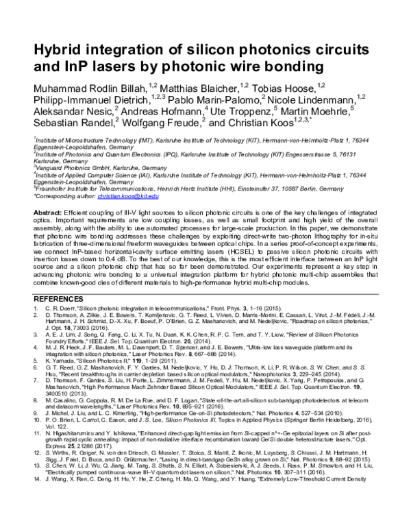 (PDF) Hybrid integration of silicon photonics circuits and InP lasers by photonic wire bonding