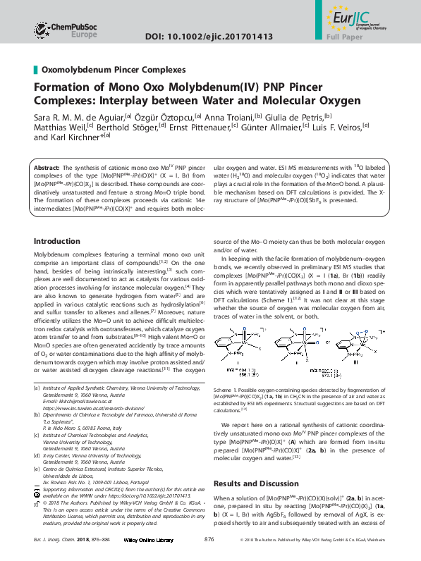 (PDF) Formation of Mono Oxo Molybdenum(IV) PNP Pincer Complexes ...
