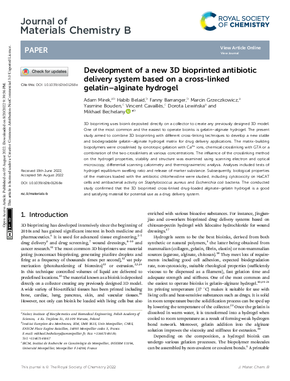 (PDF) Development of a new 3D bioprinted antibiotic delivery system based on a cross-linked ...
