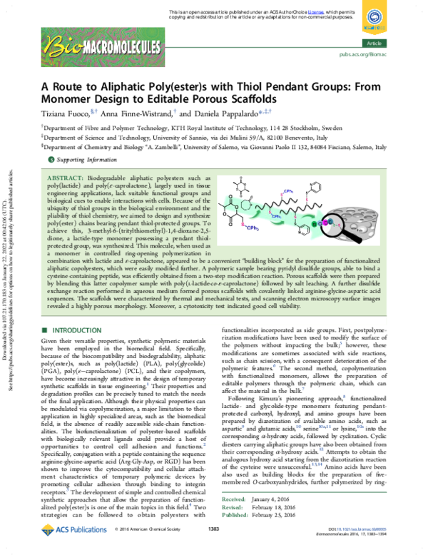 (PDF) A Route to Aliphatic Poly(ester)s with Thiol Pendant Groups: From ...