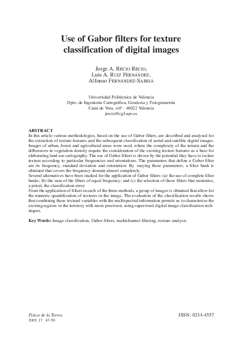 (PDF) Use of Gabor filters for texture classification of digital images