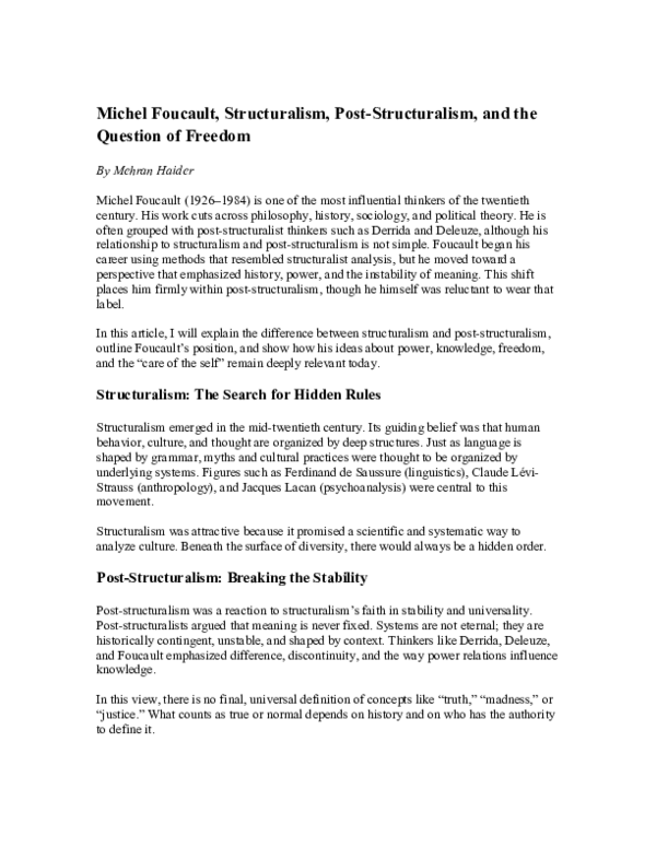 (PDF) Michel Foucault, Structuralism, Post-Structuralism, and the ...
