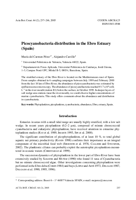 (PDF) Picocyanobacteria distribution in the Ebro Estuary (Spain)