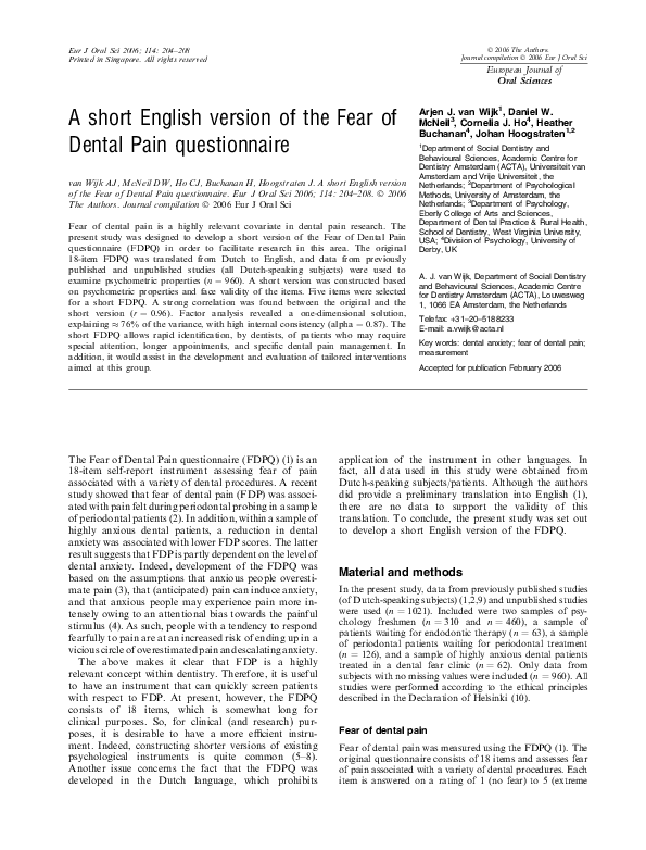 (PDF) A short English version of the Fear of Dental Pain questionnaire