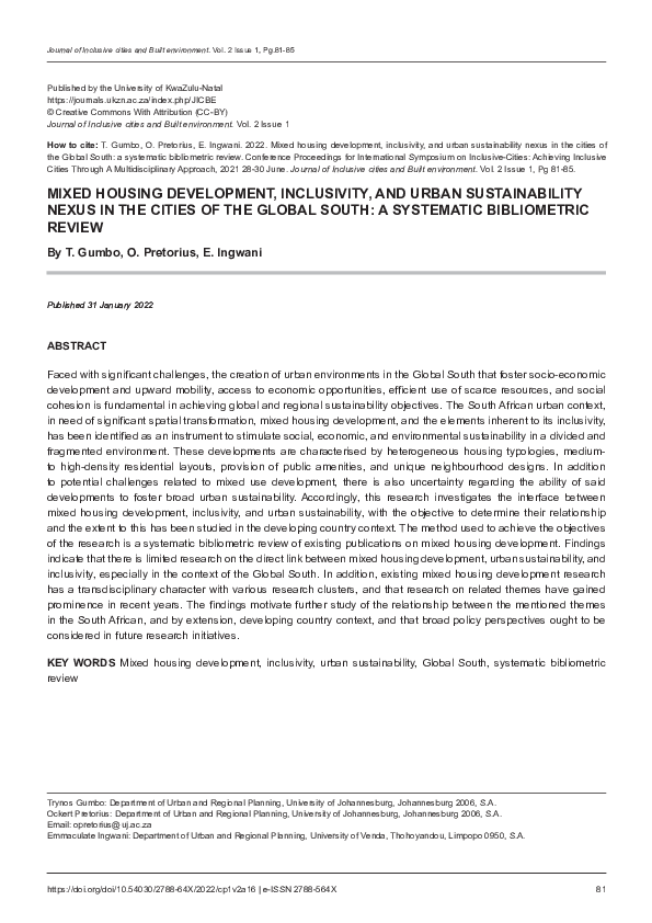 (PDF) Mixed Housing Development, Inclusivity, and Urban Sustainability ...