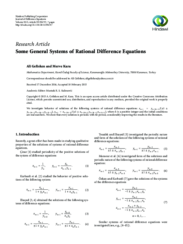(PDF) Some General Systems of Rational Difference Equations
