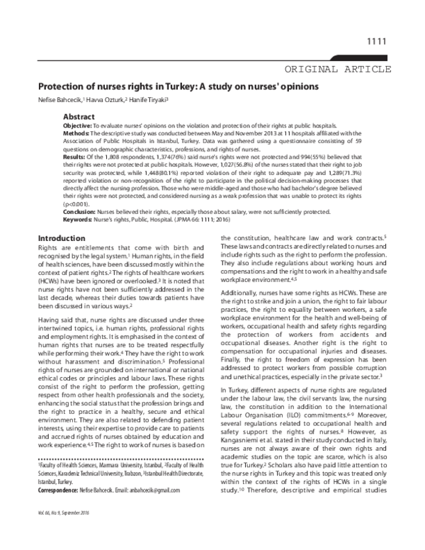 (PDF) Protection of nurses rights in Turkey: A study on nurses' opinions