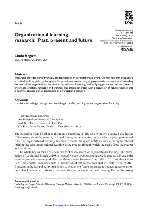 (PDF) Organizational learning research: Past, present and future