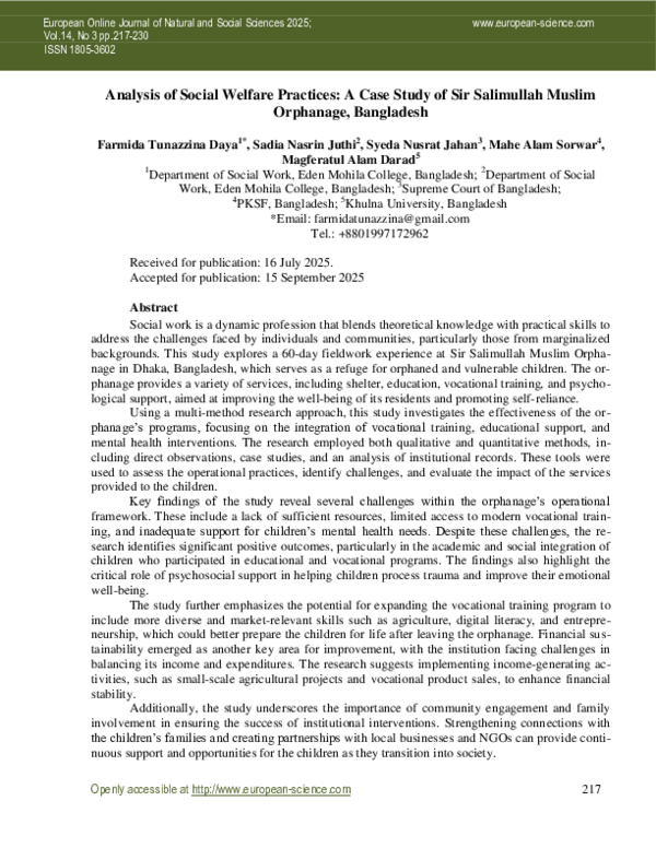 (PDF) Analysis of Social Welfare Practices: A Case Study of Sir ...