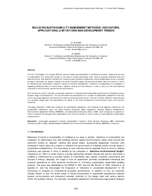 (PDF) Building Sustainability Assessment Methods: Indicators, Applications, Limitations and ...