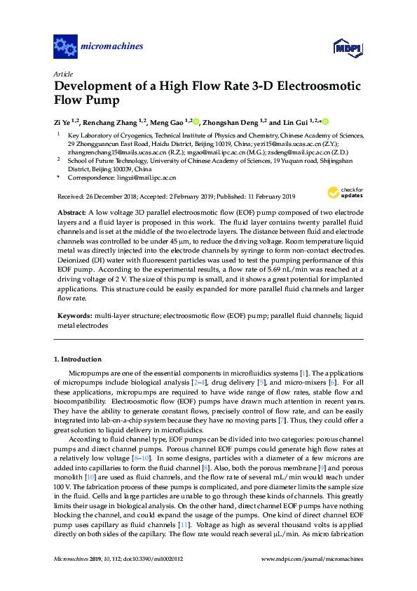(PDF) Development of a High Flow Rate 3-D Electroosmotic Flow Pump