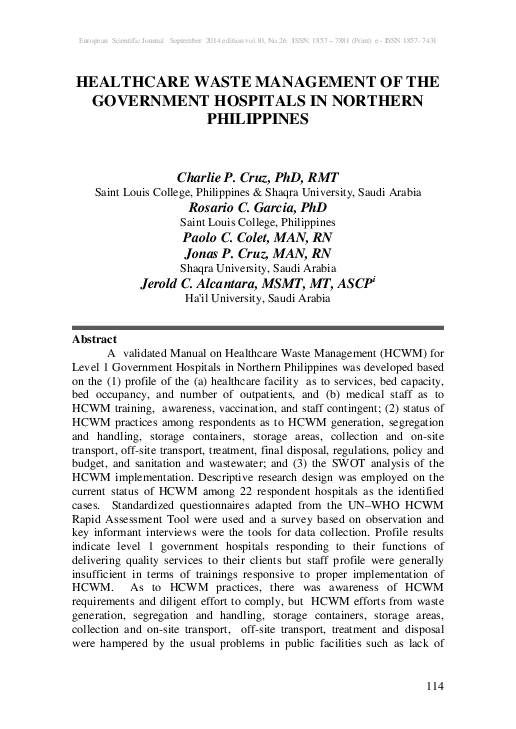 Pdf Healthcare Waste Management Of The Government Hospitals In