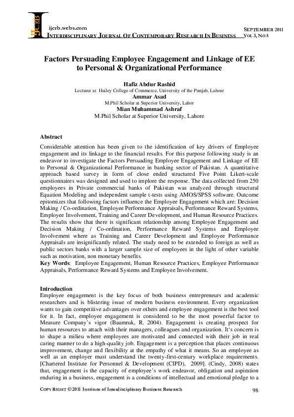 (PDF) Factors Persuading Employee Engagement and Linkage of EE to ...