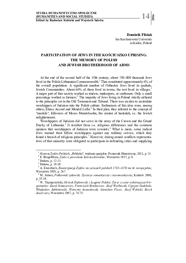 (PDF) Participation of Jews in the Kościuszko Uprising: the memory of ...