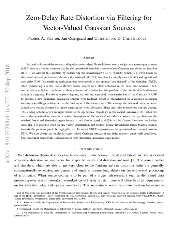 (PDF) Zero-Delay Rate Distortion via Filtering for Vector-Valued ...