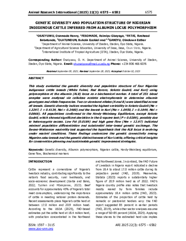 (PDF) GENETIC DIVERSITY AND POPULATION STRUCTURE OF NIGERIAN INDIGENOUS CATTLE INFERRED FROM ...