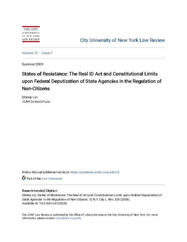 (PDF) States of Resistance: The Real ID Act and Constitutional Limits ...