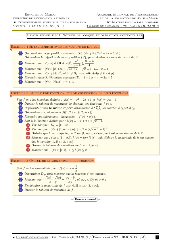 (PDF) Devoir surveillé N°1, Logique et étude de fonctions, 1bac s. ex et 1bac sm, Pr. Karam Ouharou