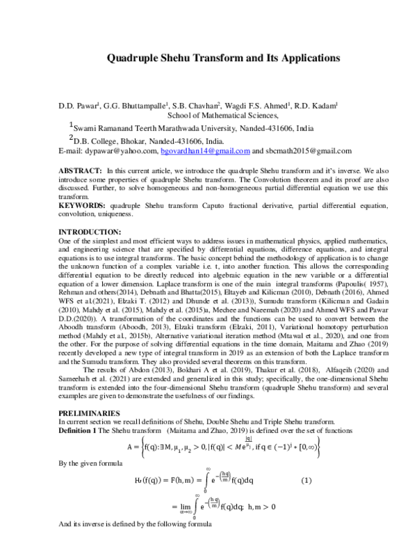 (PDF) Quadruple Shehu Transform and its Applications