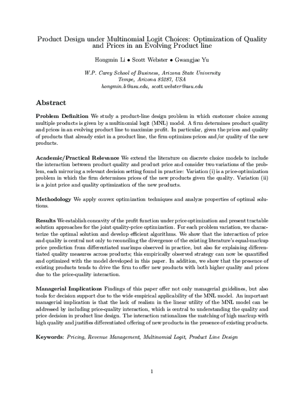 (PDF) Product Design Under Multinomial Logit Choices: Optimization of Quality and Prices in an ...