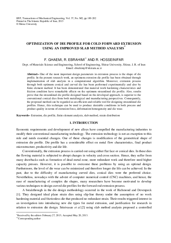 (PDF) Optimization of Die Profile for Cold Forward Extrusion Using an ...