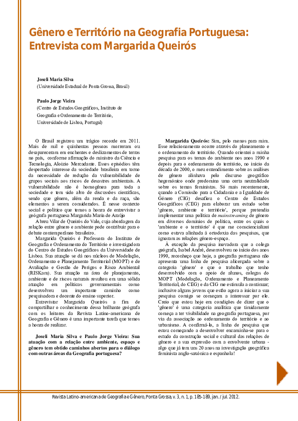 (PDF) Gênero e Território na Geografia Portuguesa: Entrevista com ...