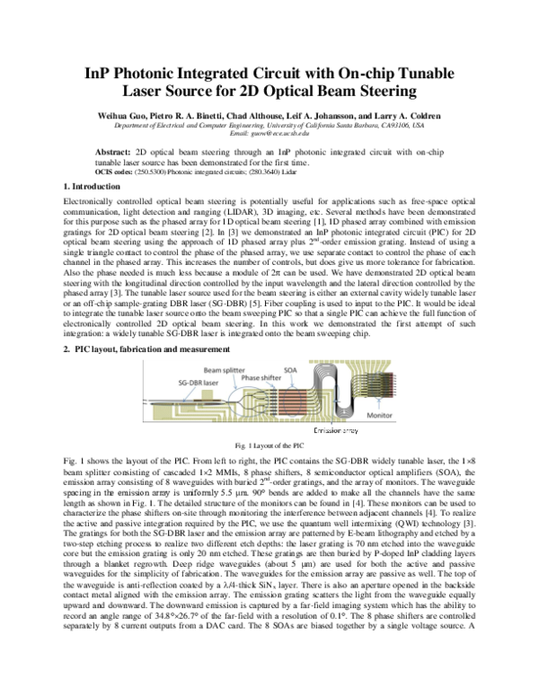 (PDF) InP Photonic Integrated Circuit with On-chip Tunable Laser Source for 2D Optical Beam Steering